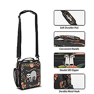 Cute Sloth Flower Print Insulated Lunch Bag Durable Leakproof Lunch Box Bento Cooler Tote Bag with Removable Shoulder Strap for Men Women Adults Girls Boys Back to School Lunchbox