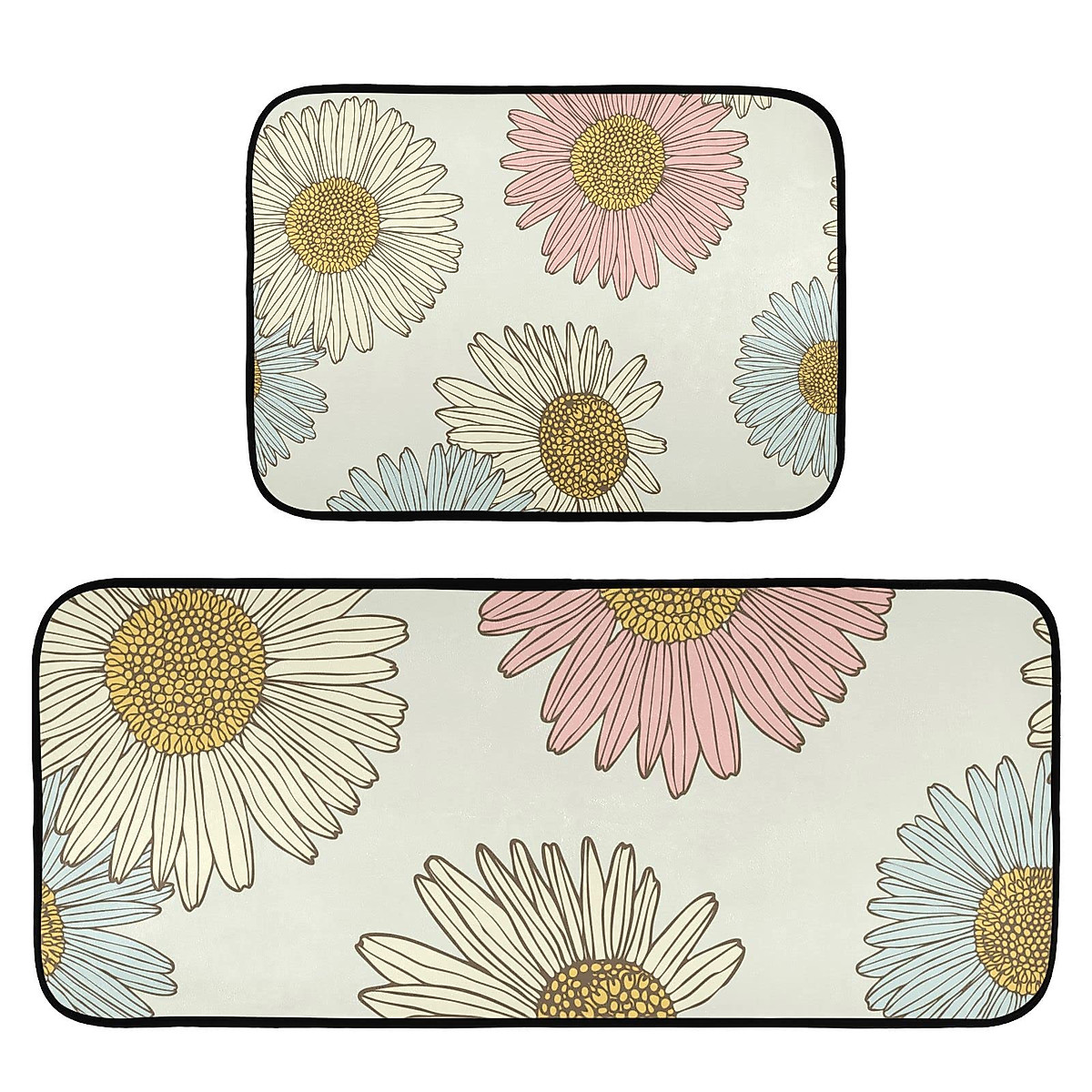 BOENLE Blooming Daisy Kitchen Rugs and Mats Non Skid Washable Kitchen Rug Set 2 Piece Carpet Ergonomic Comfort Standing Mat for Kitchen,Bathroom, Laundry