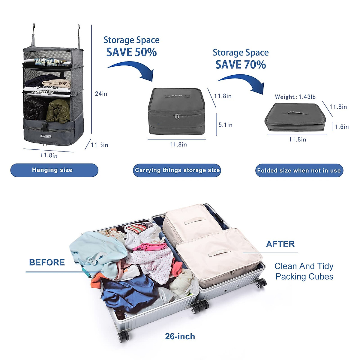 TABITORA Portable Hanging Travel Shelves Bag Packing Cube Organizer Suitcase Storage Large Capacity (Grey L)