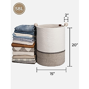 StorageWorks 58L Cotton Rope Laundry Basket with Wooden Beads Handles, Woven Basket for Storage, Dirty Clothes, Kids Toys, Towels, White & Light Brown