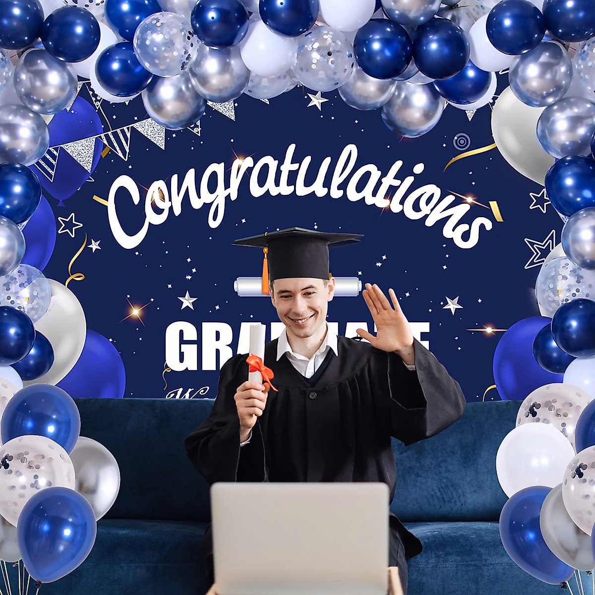 Graduation Decorations Class of 2024, Navy Blue Graduation Decorations, Graduation Party Decorations 2024 with Congratulations GRADUATE Backdrop Banner Balloons Tablecloths for Nurse College Preschool