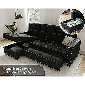 Ucloveria Reversible Sectional Sofa Couch, Sleeper Sofa Bed with Storage Chaise Pull Out Couch Bed for Living Room L-Shape Lounge 2 in 1 Sectional Couch with Pull Out Bed Black