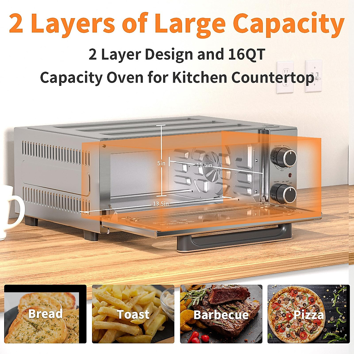 Unichefry Toaster Oven Air Fryer Combo with 4 Accessories, 1800W 15L Countertop Convection Toster Oven Fits 9 Slices or 12" Pizza, Stainless Steel with 4 Functions Including Convection, Bake & Broil