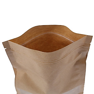 100PCS Brown Kraft Stand-Up Side Gusset Zip Top Lock Bags w/Window 12x22+6cm (4.7x8.6+2.3")