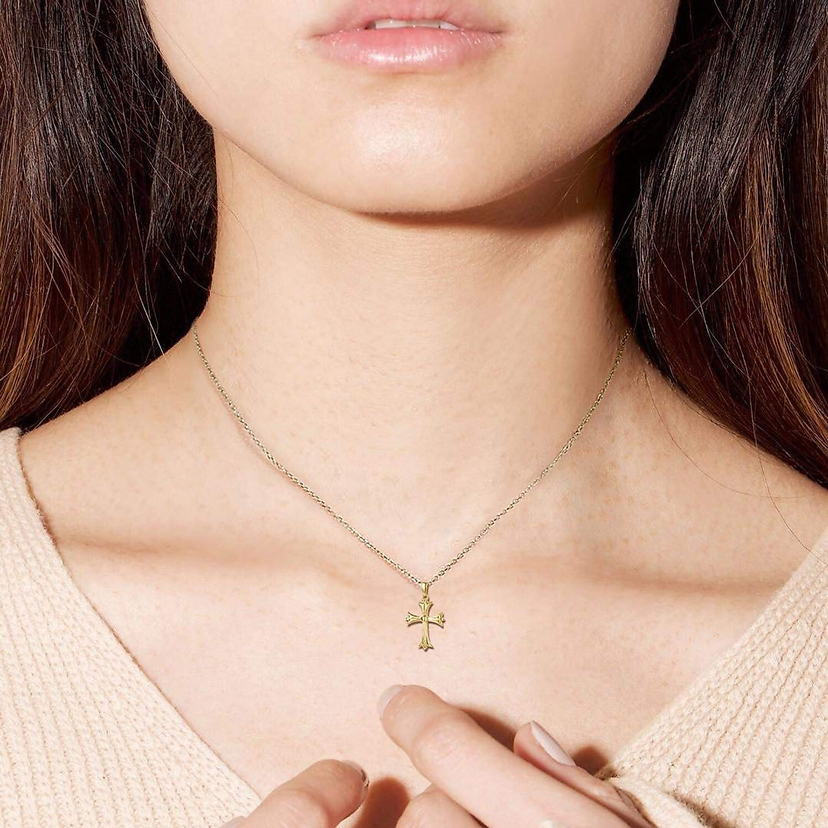 Carleen SOLID REAL 14K Yellow Gold SMALL TINY Little Cute Embossed Cross Necklace Delicate Dainty Crucifix Cross Pendant Fine Jewelry For Women, With 18" Solid Gold Cable Chain