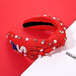 CEALXHENY Crystal Pearl Knotted Headbands - Patriotic Hair Accessory for Women, American Flag Outfits for Independence Day, Memorial Day Party Favors (USA-Red)