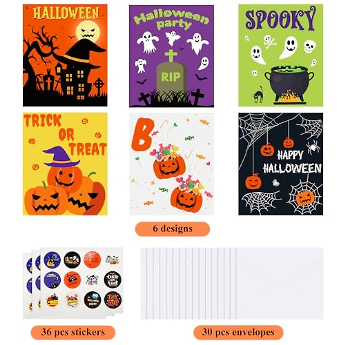 NEBURORA 30 Pack Halloween Greeting Cards with Envelopes and Stickers for Halloween Party Favors Gifts Goodie Bag Fillers