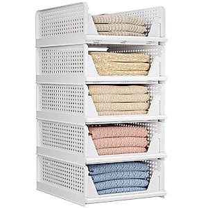 5 Pack Folding Closet Organizers Storage Box, Stackable Storage Bins, Plastic Drawer Basket Closet Storage for Wardrobe Cupboard Kitchen Bathroom Office White-5L