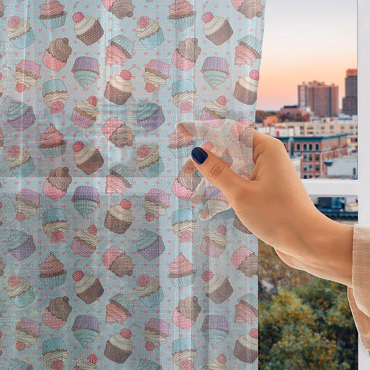 Ambesonne Dessert Tulle Curtains with Rod Pocket, Repeating Pattern of Yummy Cupcakes with Rose and Cherry Toppers on Hearts Backdrop, Sheer Drape for Wedding Party 2 Panels, 108" x 72", Multicolor