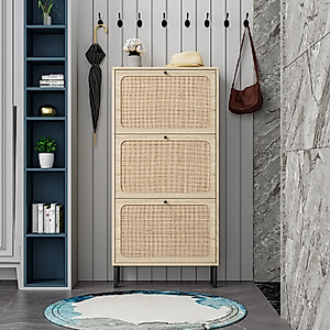 Sweiko 3 Flip Drawer Shoe Cabinet Natural Rattan Shoe Cabinet Organizer Freestanding Wooden Shoe Rack Storage Cabinet with Metal Legs for Entryway Hallway Bedroom Mudroom