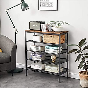 MIERES 5-Tier Shoe Rack, Industrial Shoe Storage Organizer with 4 Metal Mesh Shelves, Sturdy and Easy Assembly, Perfect for Entryway/Hallway/Closet/Bedroom, Rustic Brown, 29.5”l x11.8 ”w x 33.5”h