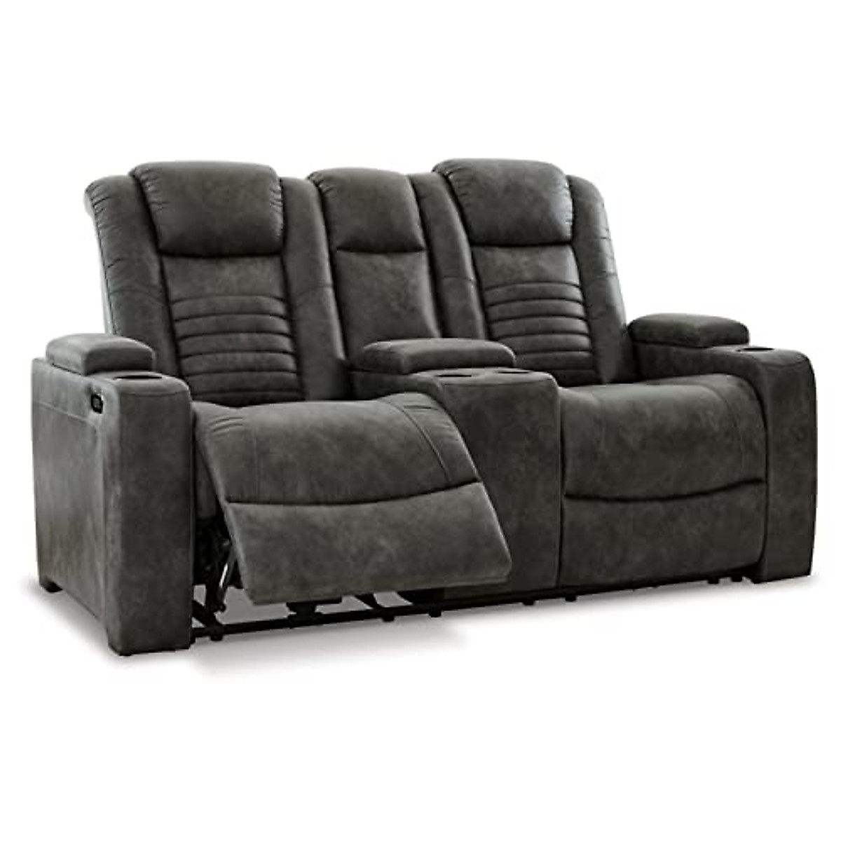 Signature Design by Ashley Soundcheck Contemporary Faux Leather Tufted Power Reclining Loveseat with Control and Adjustable Headrest, Gray