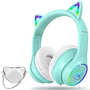 LOBKIN Bluetooth 5.3 Kids Headphones with Case - RGB LED Light Up Cat Ears Foldable Adjustable On-Ear Headset Support Wireless or 3.5mm Wired Mode for Toddler & Girls & Boys Teens (Green)
