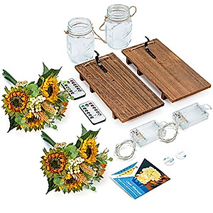 Adeeing Mason Jar Wall Decor, Rustic Wall Sconces with LED Lights Remote Control, Farmhouse Hanging Decorative Sconce Jars for Living Room, Hallway, Bedroom (Sunflowers Set of 2)