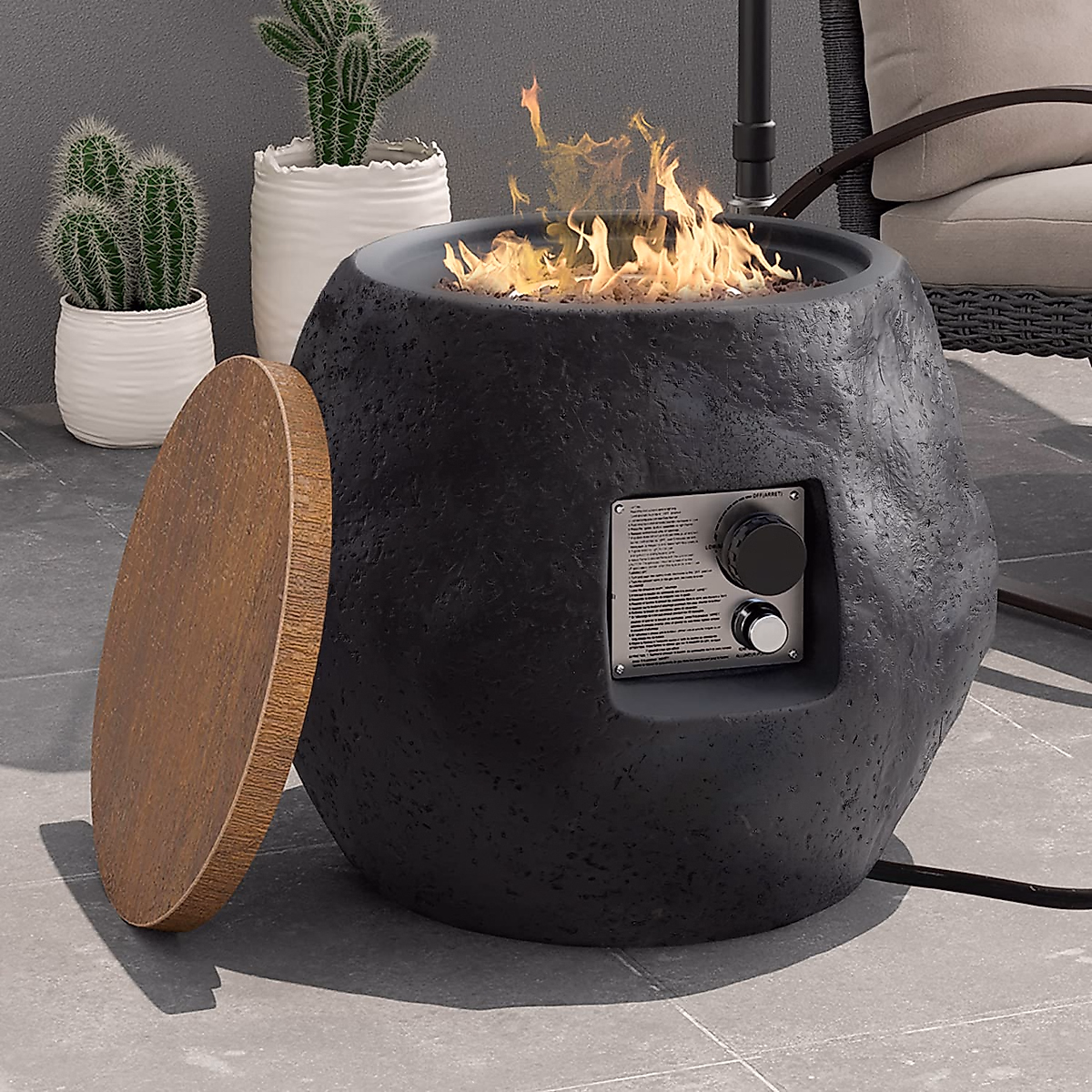 COSIEST Outdoor Propane Fire Pit w 23" Faux-Stone Base, Jar Shaped Fire Table w 40,000 BTU Stainless Steel Burner, Free Lava Rocks, Faux-Wood lid, Waterproof Cover for Coffee Table, Stool (Black)