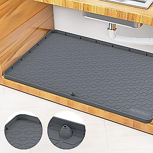 Under Sink Mat for Kitchen Cabinet Waterproof, 34" x 22" Silicone Under Sink Liner Protector Multipurpose, Under Sink Drip Tray Fits 36'' Cabinet, Thick Edge Cabinet Mat with Drain Hole- Dark Grey