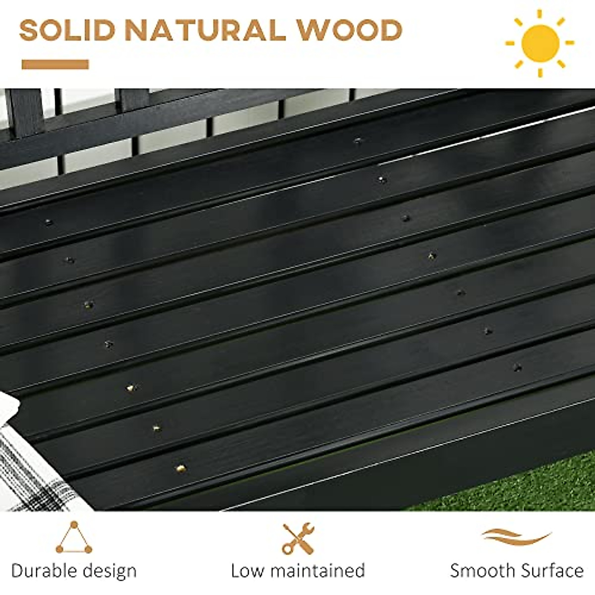 Outsunny Three-Person Wooden Bench, Three-Seater Outdoor Patio Bench, Backrest and Armrests, Rustic Country Diamond Pattern, Slatted Seat for Backyard, Porch Garden, Black