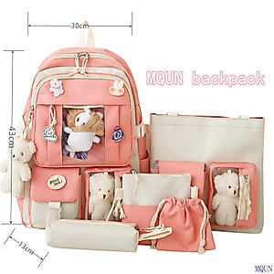 MQUN Kawaii Backpack 5 Pcs School Backpack Cute Aesthetic BackpackSet Aesthetic School Bags Cute Bookbag with Badge& Plush Pendan,Shoulder Bag,Pencil Box,Tote Bag,Small Bag