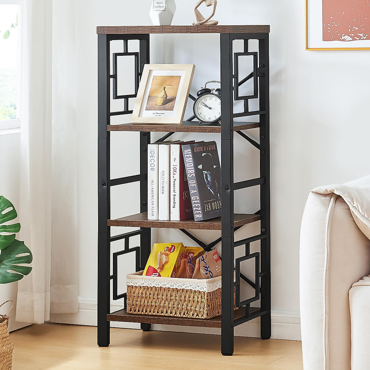 Freexployer Bookshelf, Vintage Industrial 4 Tier Bookshelf, Freestanding Narrow Bookcase with Rustic Wood and Metal, Small Bookshelf for Home Office, Bedroom & Living Room, Retro Brown