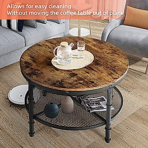 STHOUYN Small Round Coffee Table with Storage, Rustic Center Table for Living Room, Wood Surface Top & Metal Legs & Open 2-Tier Shelf, Save Space, Brown