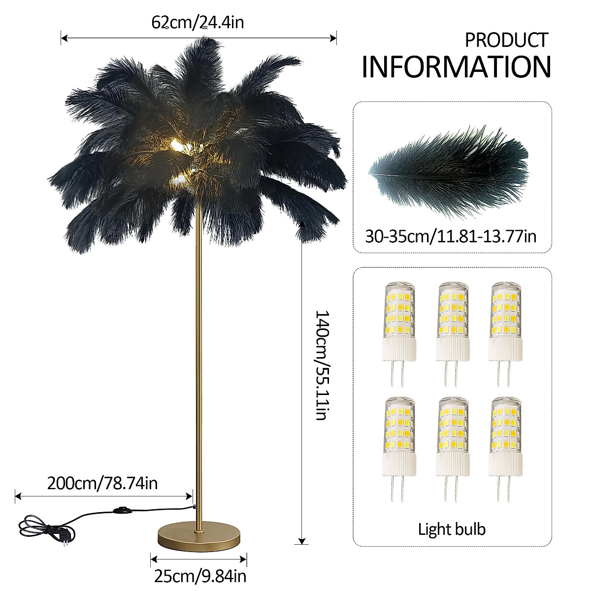HDXZTQ Floor Lamp， Standing Lamp Tall Feather Floor Lamps 62.9in Black Floor Lamps for Living Room Foot Switch / 6*G4 Feather Lamp (Black Floor lamp)