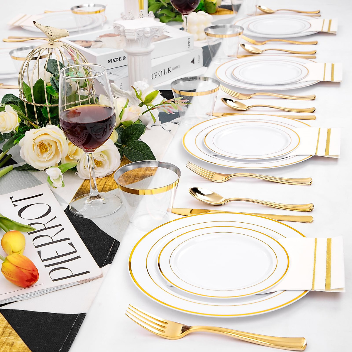 GATHER 350pcs Gold Plastic Plates - Disposable Plastic Dinnerware Set Include 50 Gold Dinner Plates, 50 Gold Salad Plates, 150 Silverware, 50 Napkins, 50 Cups Perfect for Party & Wedding