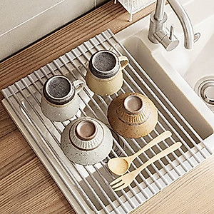 ZOIMINU Dish Drainer, White Roll Up Dish Drying Rack, Over Sink Drying Rack with Silicone-Coated, Heat-Resistant Anti-Slip Dry Rack for Dishes Cups Fruits Vegetables - 17" x 13.1"