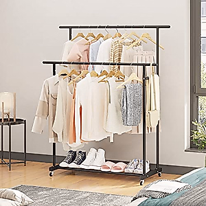 Calmootey Double Rod Clothing Garment Rack,Rolling Hanging Clothes Rack,Portable Clothes Organizer for Bedroom,Living Room,Clothing Store,Black