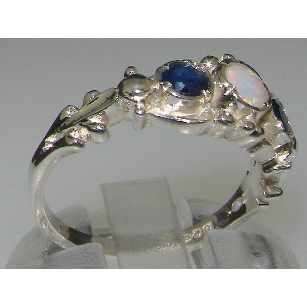 925 Sterling Silver Natural Opal and Sapphire Womens Trilogy Ring - Size 4.75