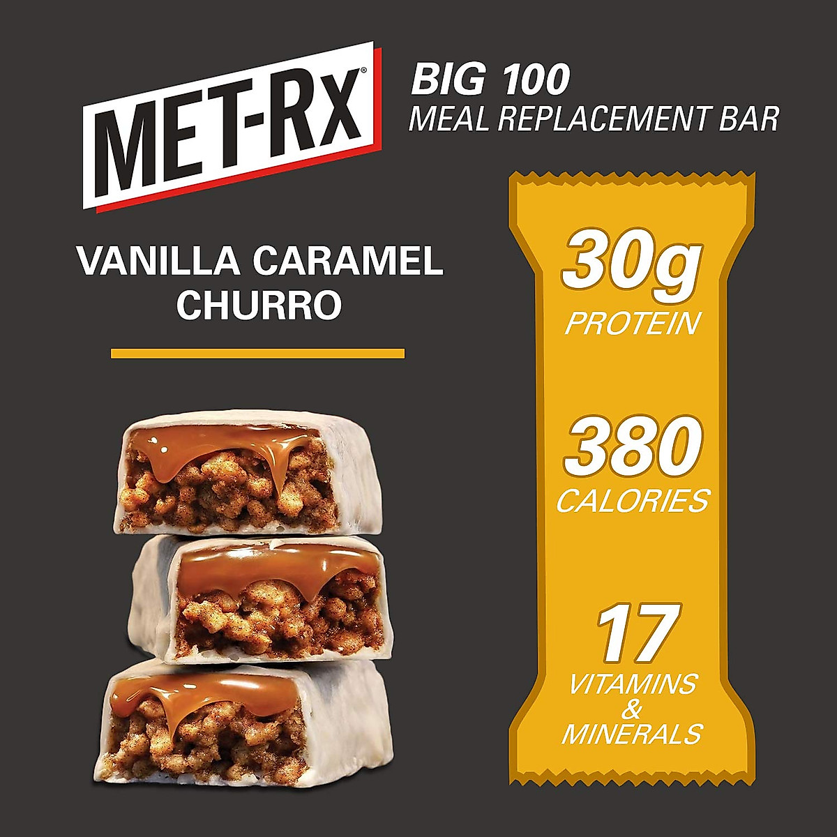 MET-Rx Big 100 Colossal Protein Bars, Vanilla Caramel Churro Meal Replacement Bars, Brown, 9 Count (Pack of 2)