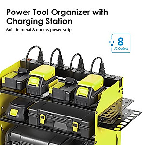CCCEI Modular 4 Layer Movable Power Tool Organizer with Charging Station. Wall Mount 4 Drill, Tool Battery Holder, Garage Heavy Duty Shelf Rack with Power Strip, Hooks, Screwdriver, Drill Bit Storage