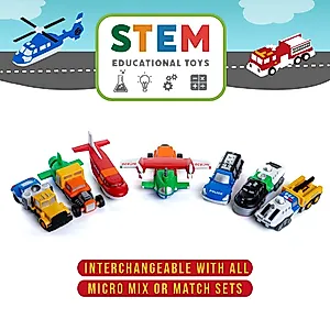 Popular Playthings Micro Mix or Match Vehicles Deluxe Set of 4 Toy Train, Toy Spaceship, Toy Tractor, & Toy Helicopter Multicolor