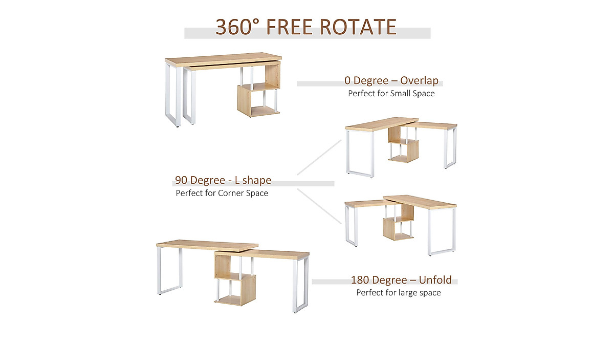 HOMCOM 55" Rotating Corner Desk with Storage Shelves - Space-Saving