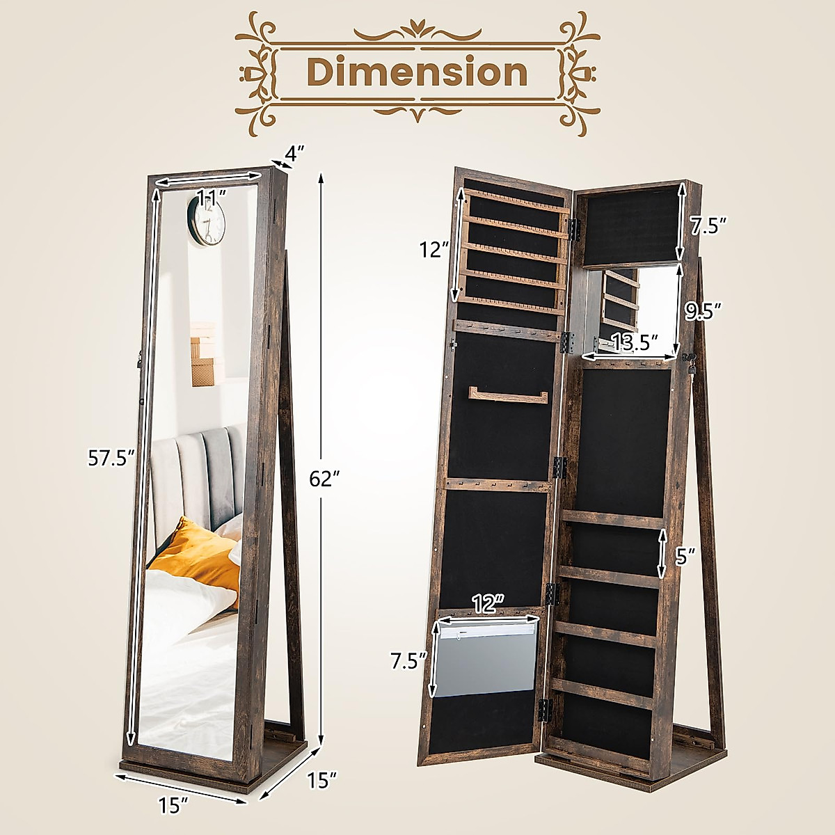 LOKO Lockable Jewelry Cabinet, Large Capacity Makeup Organizer with Full-Length Mirror, Built-in Makeup Mirror, 5 Storage Shelves, Floor Standing Jewelry Armoire for Living Room, Bedroom (Brown)