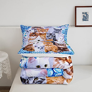 Feelyou Kawaii Animals Cute Comforter Twin Bedding Sets for Girls, Cartoon Cat Toddler Bedding Set Boys Soft Warm Comforter Set Cat Lovers Animal Decor Bedroom 1 Comforter + 1 Pillowcase,All Seasons