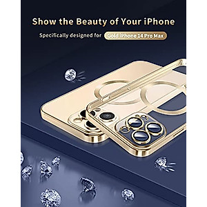 AICISINGN Magnetic Clear Case for iPhone 14 Pro Max with Full Camera Lens Protector Slim Soft TPU Military Grade Drop Protection Case Cover Compatible with MagSafe for Women Girls 6.7"-Gold