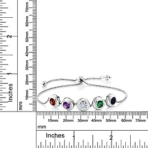 Gem Stone King 925 Sterling Silver Customized and Personalized 5-Stone Round Bezel Gemstone Birthstone Tennis Bracelet For Women Fully Adjustable Up to 9 Inch