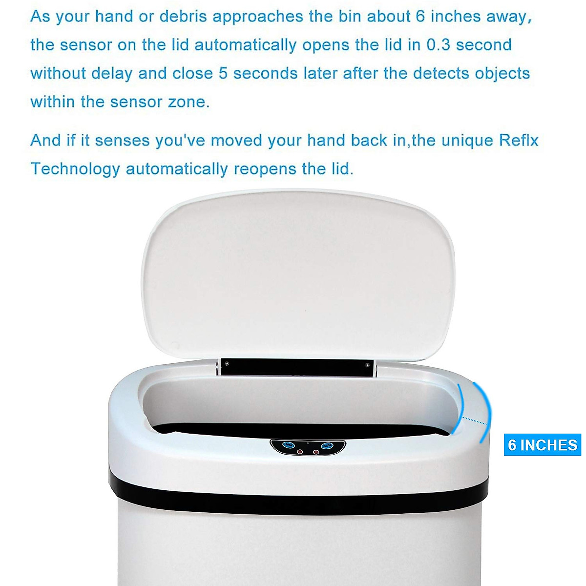 13.2 Gallon Trash Can Kitchen Bathroom Bedroom Stainless Steel Automatic Garbage Can with Odor Control System, 50 Liter Semi-Round No Touch Motion Sensor with Plastic Lid Brushed Waste Bin-White