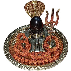 Shaligram Shiva Ling Lingam Shivling Naaga Brass Stand(Thali tirshul 3inch) Shiv Plate Rudraksha mala 108 Stone 6mm