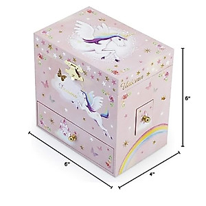 Musical Jewelry Box for Little Girls with 3 Drawers and Jewelry Set with Spinning Unicorn and Rainbow Butterfly Design - Over the Waves Tune Pink