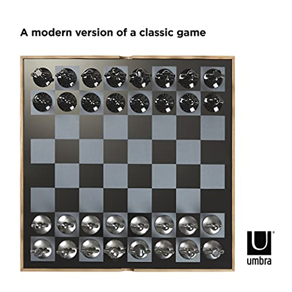 Umbra Buddy Chess Set For Kids & Adults – Modern Original Chessboard Game Made of Metal With Nickel & Titanium Finish – Measures 13 x 13 by 1 ½ Inch (33 x 33 x 3.8 cm) - Velvet Bottom for Easy Moving
