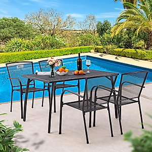 AECOJOY Metal Outdoor Table and Chairs Patio Dining Table Set for 4 Outside 51" Dining Table with Umbrella Hole Rectangle Table and 4 Stackable Chairs, Patio Furniture Set for Garden Backyard Balcony