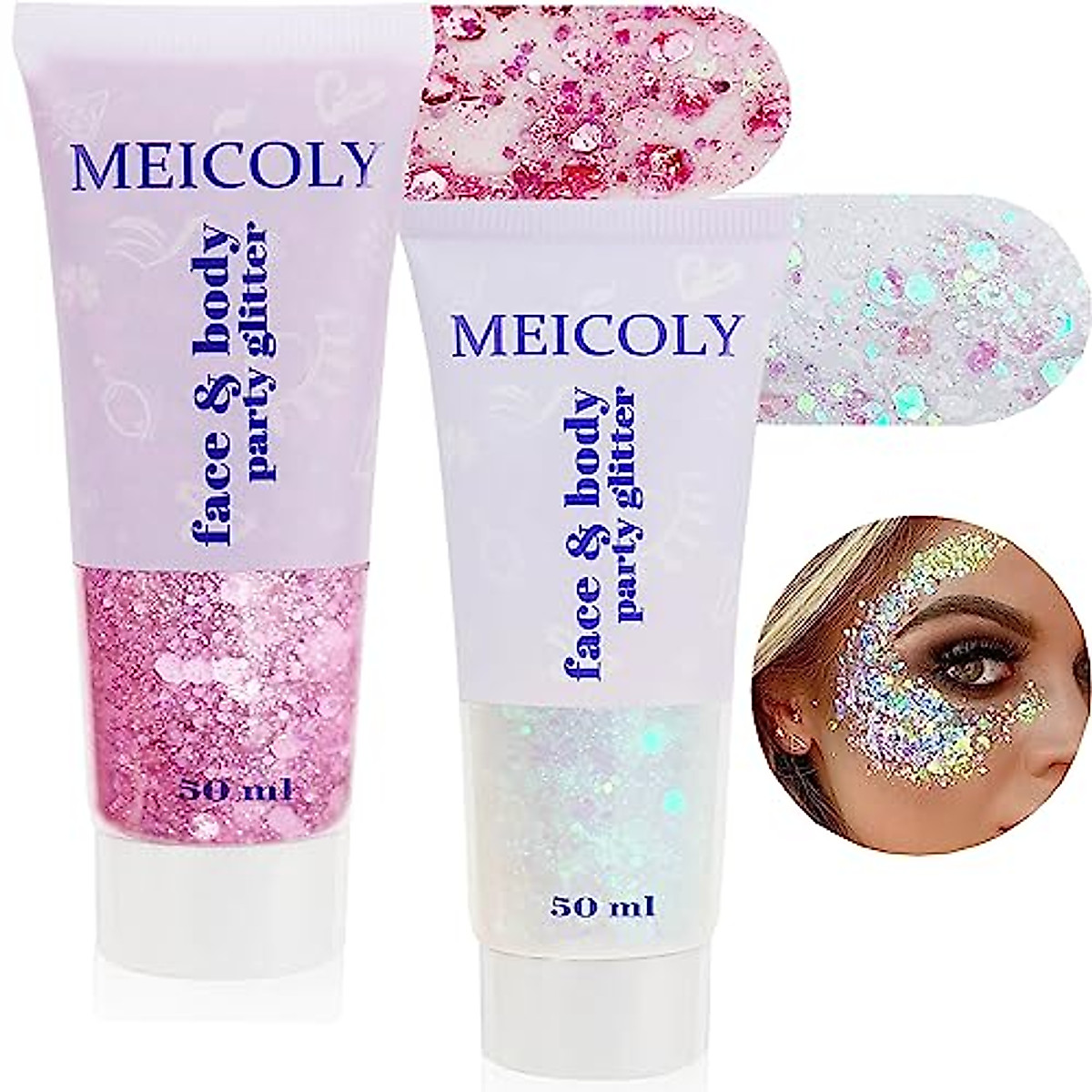 MEICOLY 2pcs Face Body Glitter,Singer Concerts Festival Rave Accessories,Mermaid Face Glitter Gel,Sparkling Sequins Glitter Face Paint,Chunky Glitter for Eye Lip Hair,100ml,White+Pink