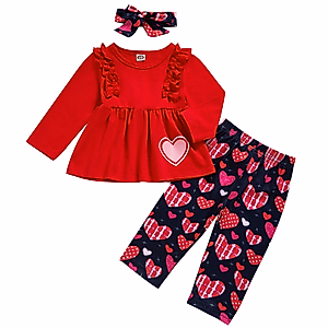 Sinhoon Valentine's Day Outfits Baby Kids Girl Long Sleeve Dress Heart Print Pants with Headband 3Pcs Clothes (Red-B, 2-3T)