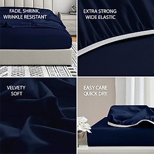 Cathay Home Twin Fitted Sheet - Double Brushed Ultra Soft – Wrinkle & Fade Resistant - 14" Standard Pocket Fitted Sheet Only - Good Fit for 12"-16" Deep Mattress (Twin, Navy)