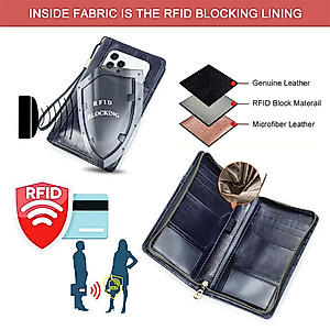 Contacts Passport Wallet Leather Family Passport Holder for 4 Travel Documents Organizer RFID Blocking Zipper Blue Card Wallet with 13 Card Slot