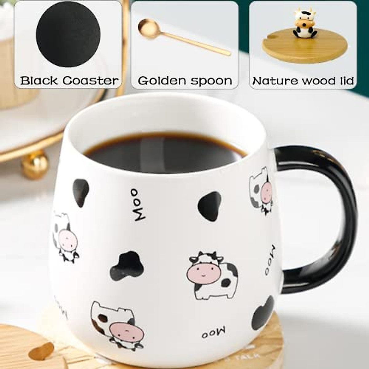 Arawat Cute Cow Coffe Mug with Lid and Spoon Cow Print Stuff Gifts 400ml Ceramic Tea Coffee Cup Kawaii Cow Mugs Funny 3D Animal Cow Mug Birthday Gifts for Women Girls Cow Lovers