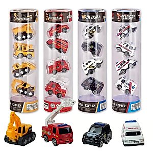 16-Piece Diecast Metal Toy Car Set - Fun Play Trucks with Police, Construction, Ambulance & Firetruck Vehicles in 4 Storage Tubes - Perfect for Party Favors & Kids