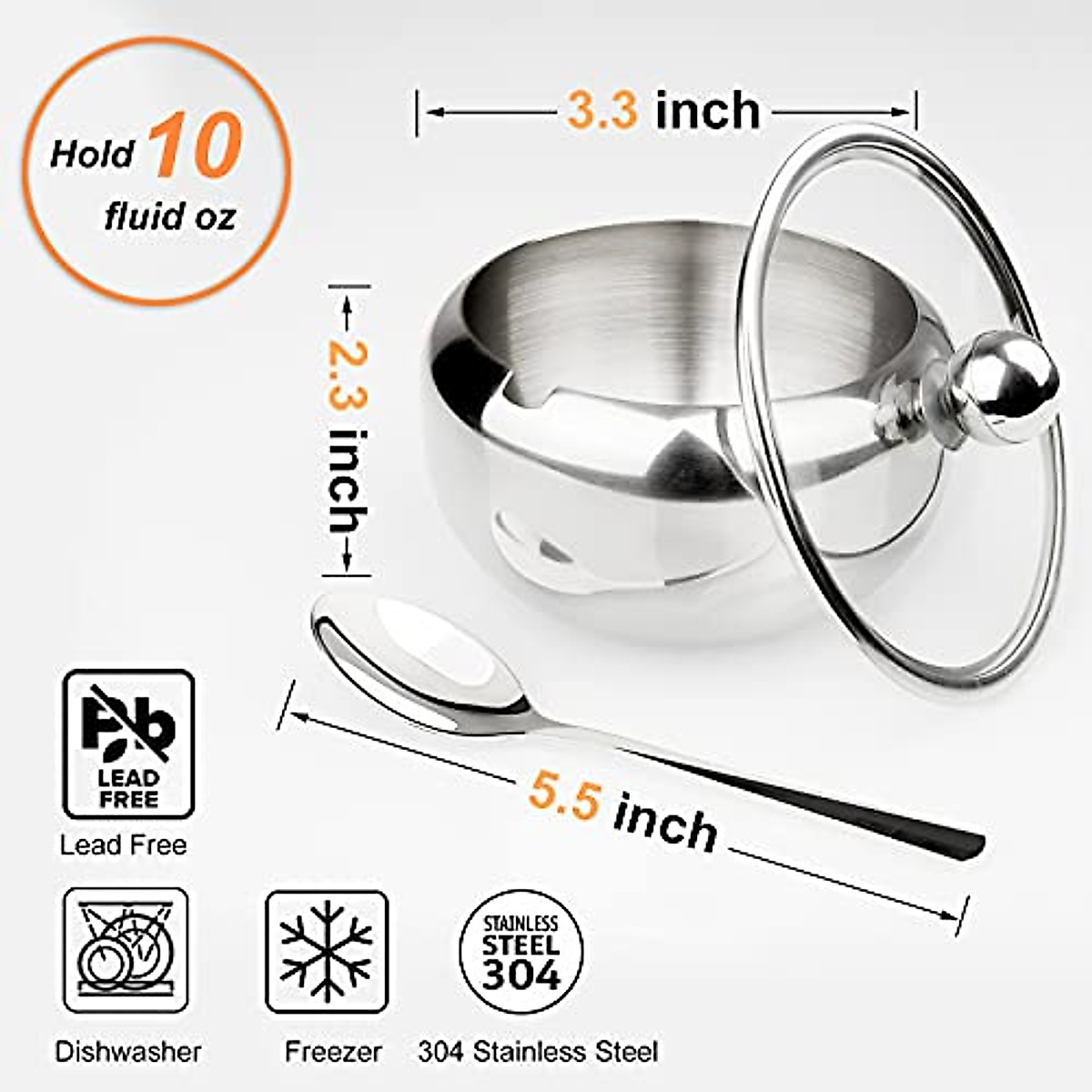 Bivvclaz Stainless Steel Sugar Bowl with Lid and Spoon, 10 oz Sugar Container with Spoon, Sugar Dispenser Bowl for Coffee, Small Condiment Container for Salt, Spices