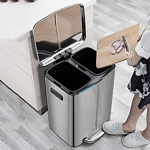 AAMNA 13 Gallon/48L Step Trash Can w/Lid Stainless Steel Garbage Can with Dual Compartment Large Capacity Foot Pedal Kitchen Recycle Waste Bin